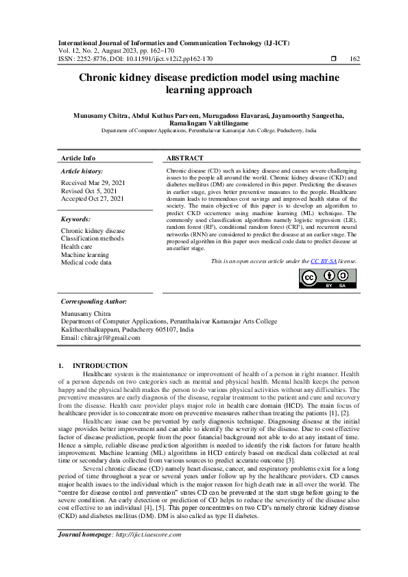 (PDF) Chronic kidney disease prediction model using machine learning approach