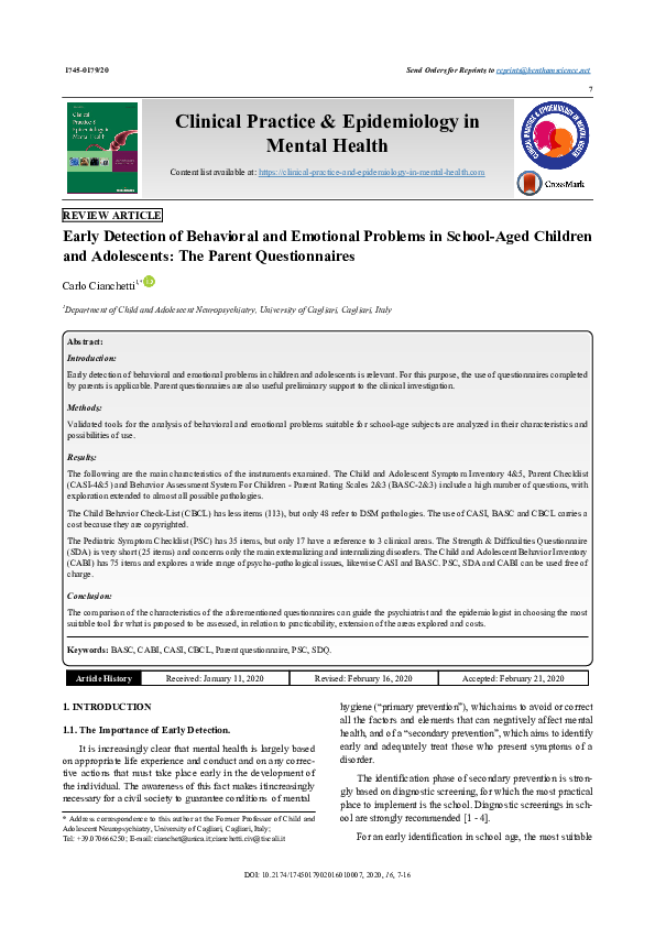 (PDF) Early Detection of Behavioral and Emotional Problems in School ...