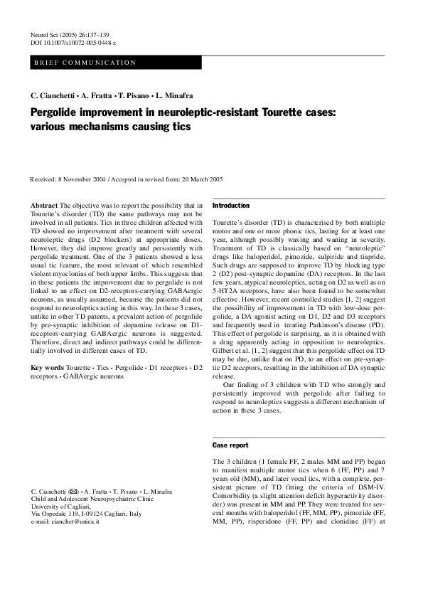 (PDF) Pergolide improvement in neuroleptic-resistant Tourette cases ...