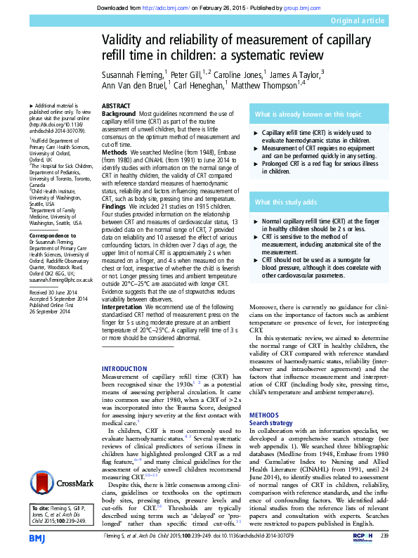 (PDF) Validity and reliability of measurement of capillary refill time ...