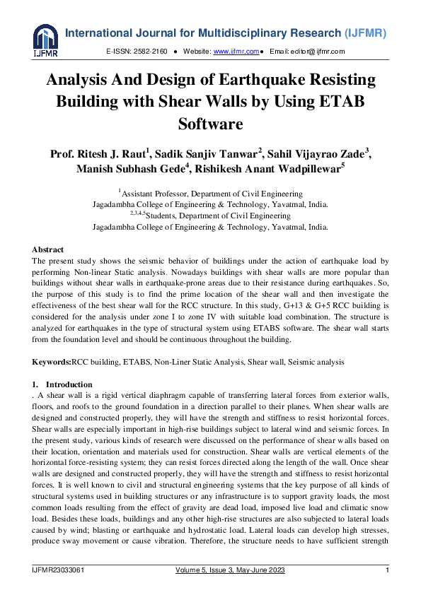 (PDF) Analysis and Design of Earthquake Resisting Building with Shear Walls by Using ETAB Software