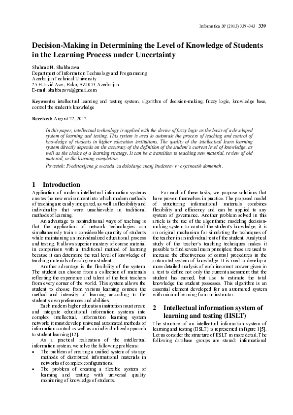(PDF) Decision-Making in Determining the Level of Knowledge of Students in The Learning Process ...