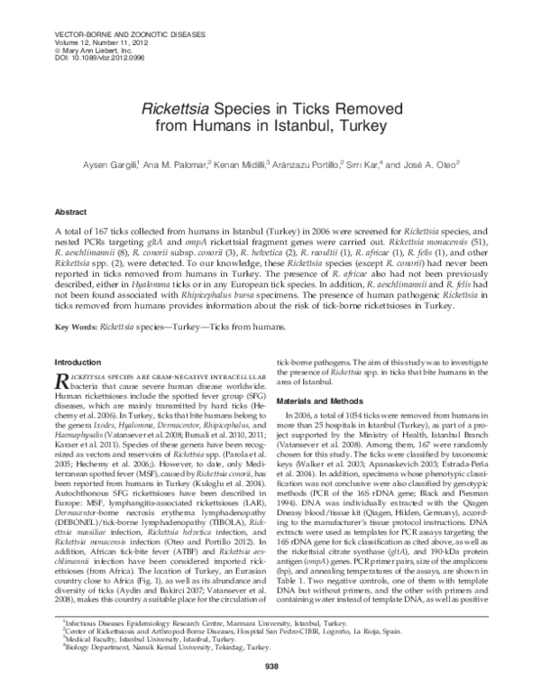 (PDF) RickettsiaSpecies in Ticks Removed from Humans in Istanbul ...