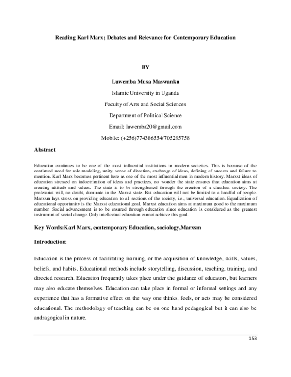 (PDF) Reading Karl Marx; Debates and Relevance for Contemporary Education