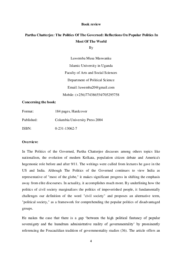 (PDF) Partha Chatterjee: The Politics Of The Governed: Reflections On Popular Politics In Most ...
