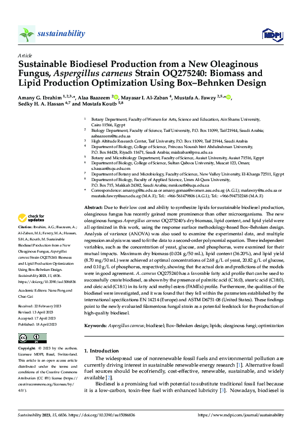 (PDF) Sustainable Biodiesel Production from a New Oleaginous Fungus ...