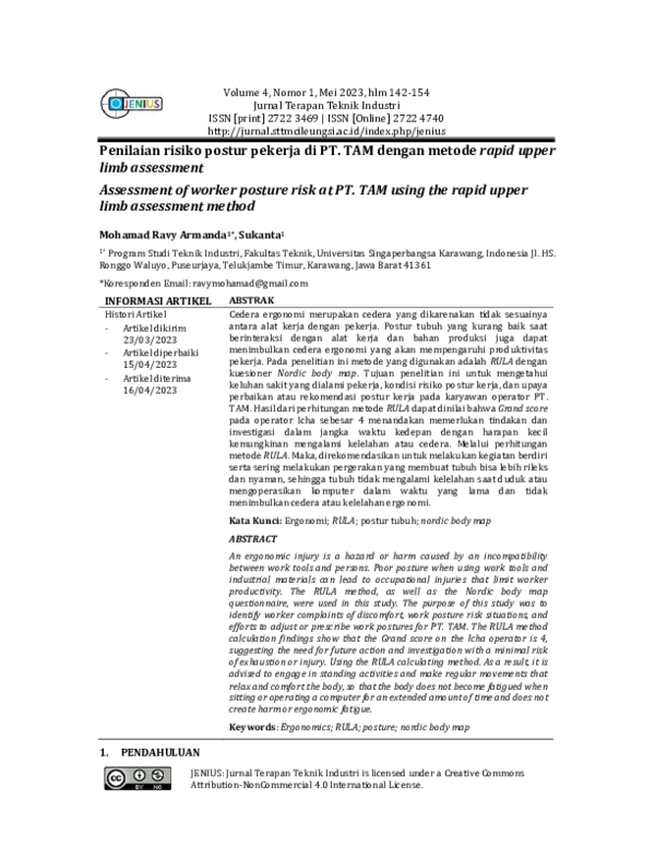 (PDF) Penilaian risiko postur pekerja di PT. TAM dengan metode rapid ...