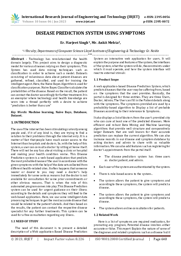 (PDF) DISEASE PREDICTION SYSTEM USING SYMPTOMS
