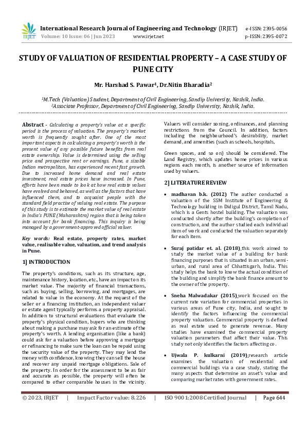 (PDF) STUDY OF VALUATION OF RESIDENTIAL PROPERTY – A CASE STUDY OF PUNE ...