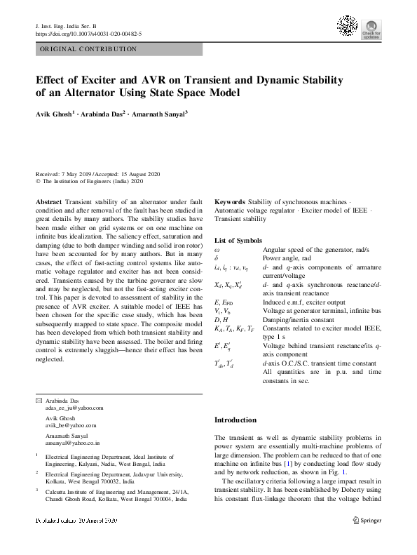 (PDF) Effect of Exciter and AVR on Transient and Dynamic Stability of an Alternator Using State ...