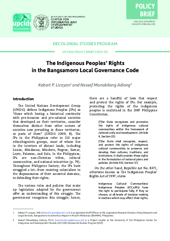 (PDF) The Indigenous Peoples' Rights in the Bangsamoro Local Governance ...