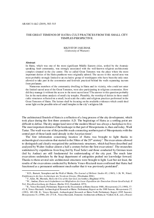 (PDF) THE GREAT TEMENOS OF HATRA CULT PRACTICES FROM THE SMALL CITY ...