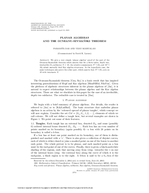 (PDF) Planar algebras and the Ocneanu-Szymanski theorem