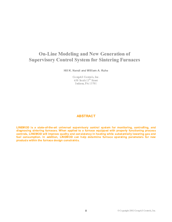 (PDF) On-Line Modeling and New Generation of Supervisory Control System for Sintering Furnaces