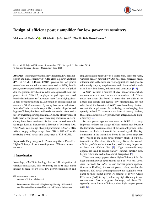 (PDF) Design of efficient power amplifier for low power transmitters