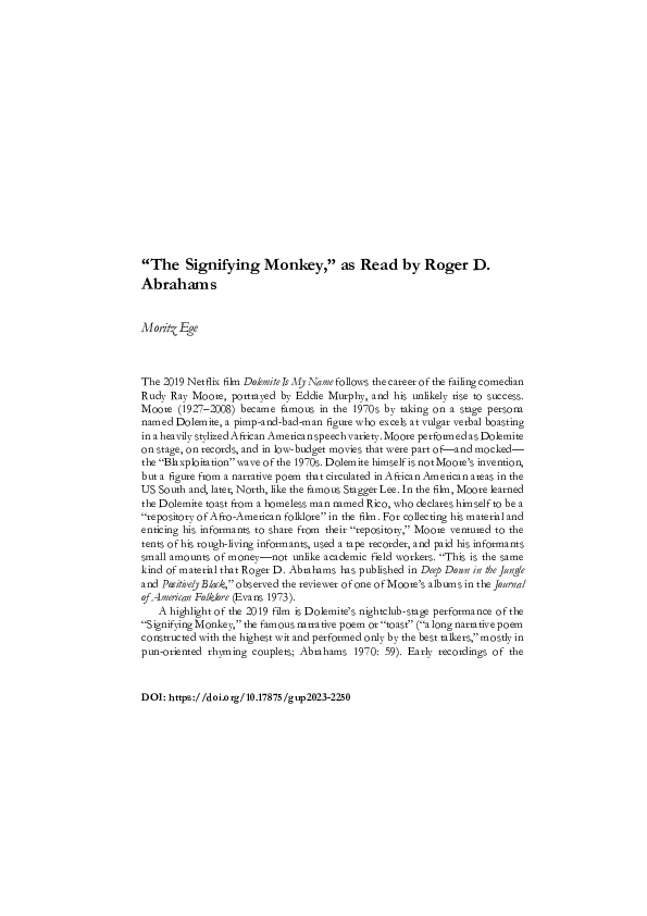 (PDF) "The Signifying Monkey," as Read by Roger D. Abrahams