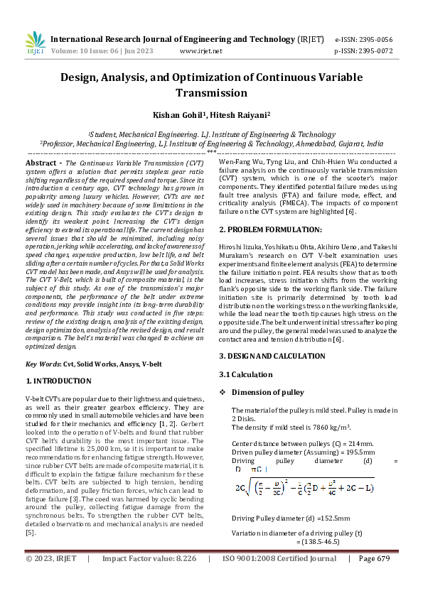 (PDF) Design, Analysis, and Optimization of Continuous Variable Transmission