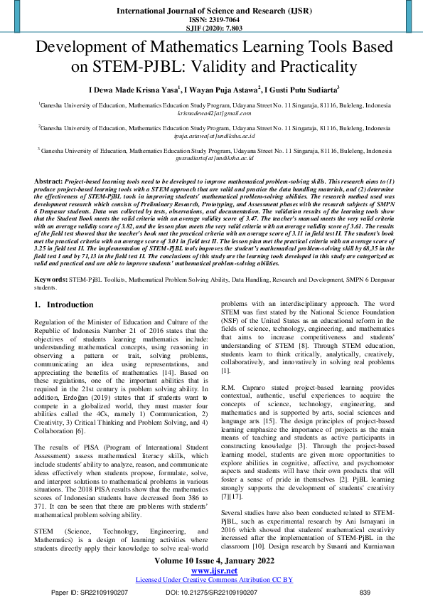 (PDF) Development of Mathematics Learning Tools Based on STEM-PJBL ...