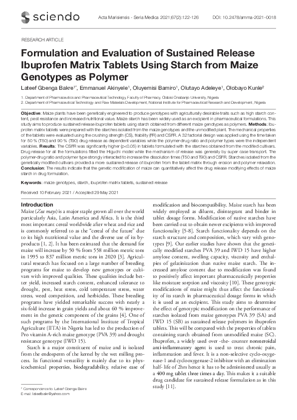Pdf Formulation And Evaluation Of Sustained Release Ibuprofen Matrix Tablets Using Starch From