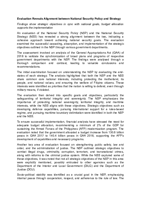 (DOC) Evaluation Reveals Alignment between National Security Policy and ...