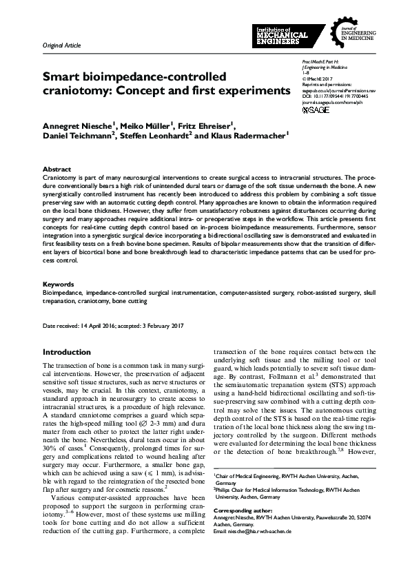 (PDF) Smart bioimpedance-controlled craniotomy: Concept and first ...