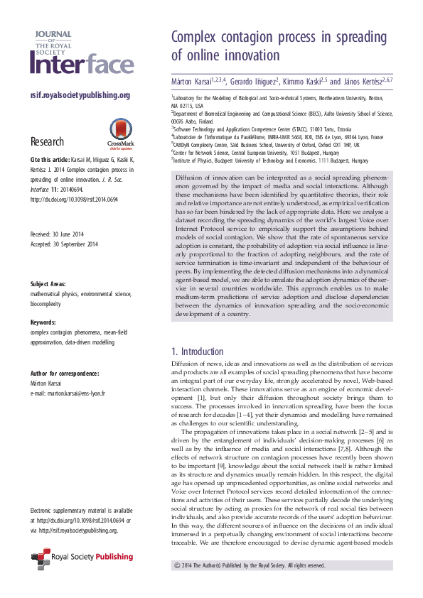(PDF) Complex contagion process in spreading of online innovation