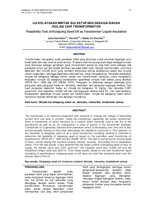 (PDF) Uji Kelayakan Minyak Biji Ketapang sebagai Bahan Isolasi Cair ...