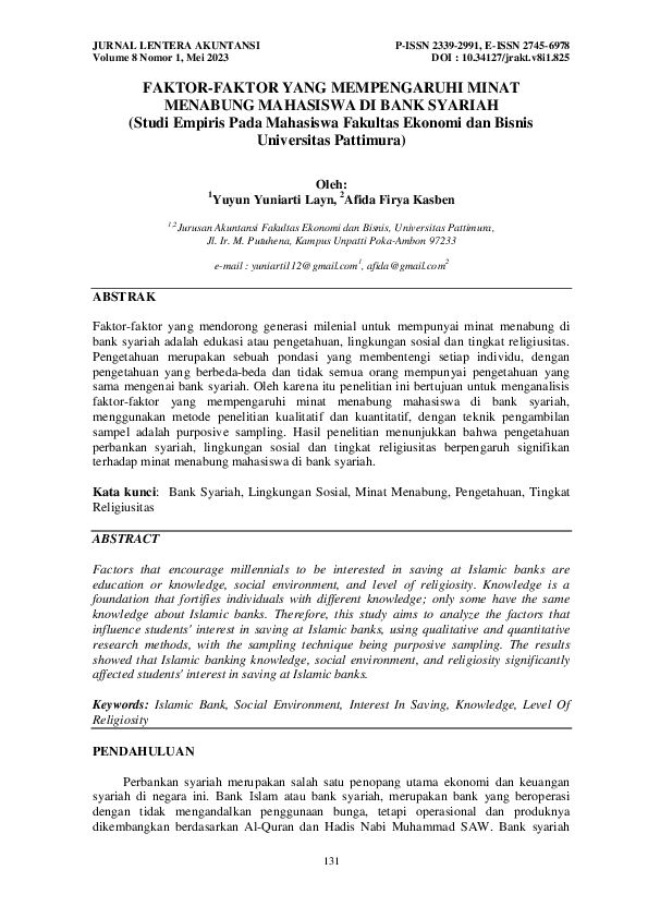 (PDF) FAKTOR-FAKTOR YANG MEMPENGARUHI MINAT MENABUNG MAHASISWA DI BANK SYARIAH (Studi Empiris ...