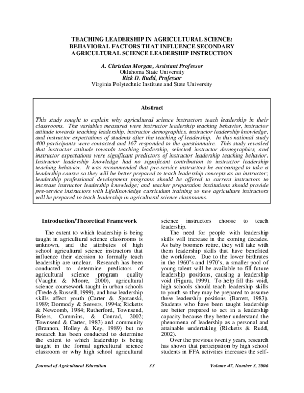 (PDF) Teaching Leadership In Agricultural Science: Behavioral Factors ...