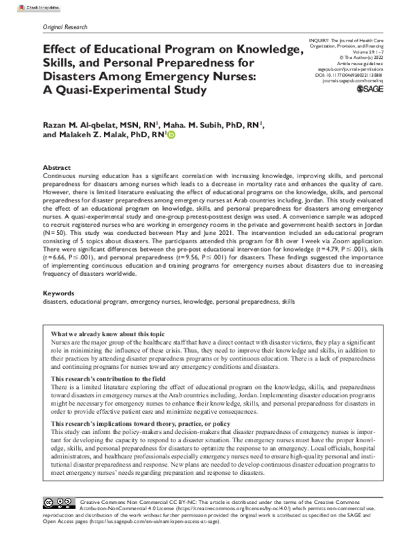 (PDF) Effect of Educational Program on Knowledge, Skills, and Personal Preparedness for ...