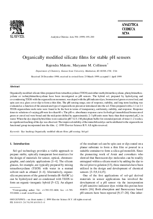 (PDF) Organically modified silicate films for stable pH sensors