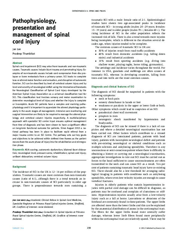 (PDF) Pathophysiology, presentation and management of spinal cord injury