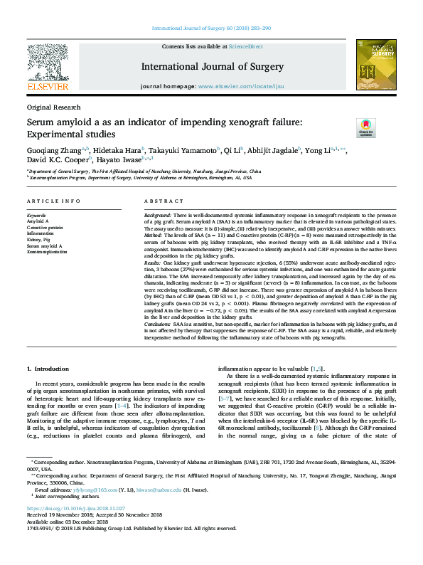 (PDF) Serum amyloid a as an indicator of impending xenograft failure: Experimental studies