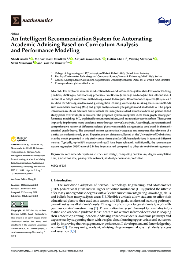Pdf An Intelligent Recommendation System For Automating Academic Advising Based On Curriculum