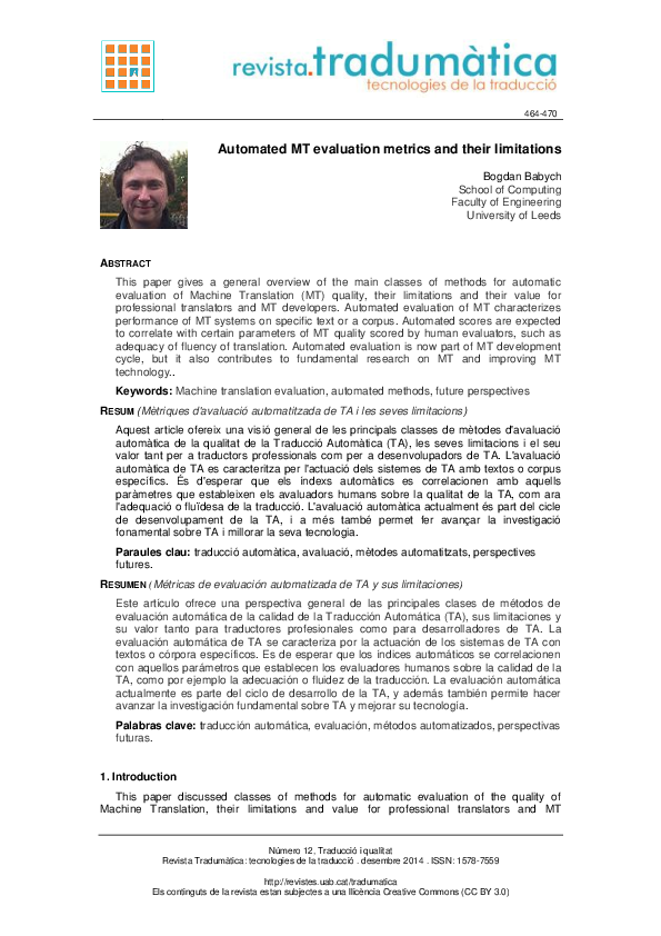 (PDF) Automated MT Evaluation: Metrics and Limitations