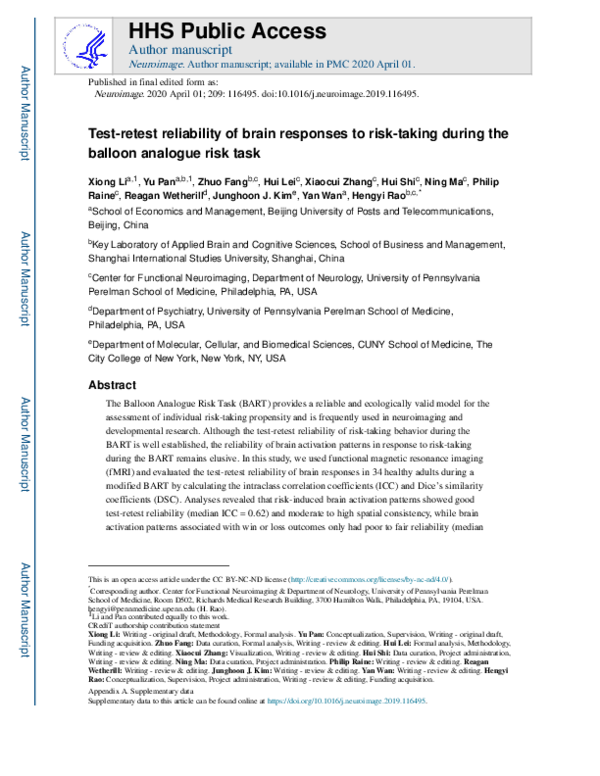 (PDF) Test-retest reliability of brain responses to risk-taking during ...