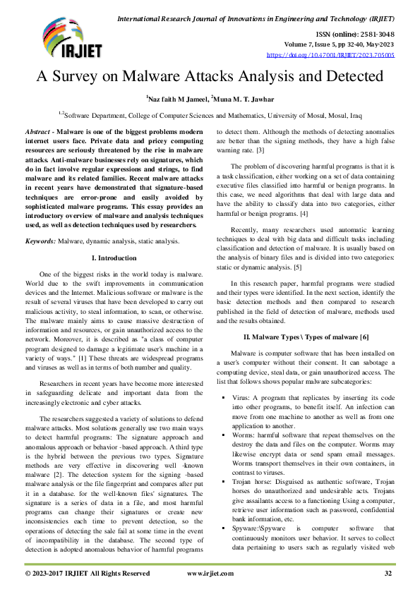 (PDF) A Survey on Malware Attacks Analysis and Detected