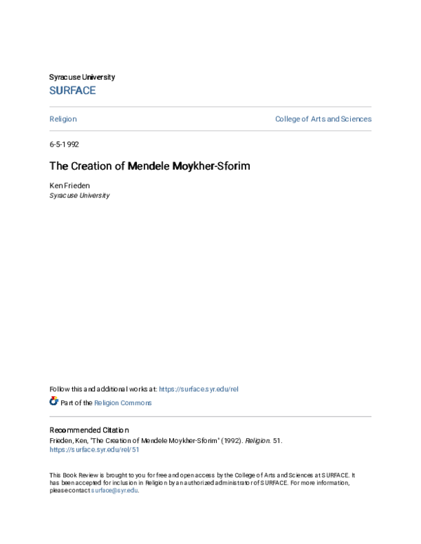 (PDF) The Creation of Mendele Moykher-Sforim