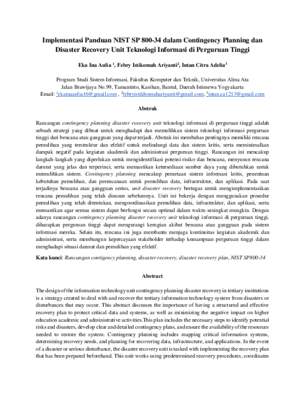 (PDF) Implementasi Panduan NIST SP 800-34 dalam Contingency Planning dan Disaster Recovery Unit ...
