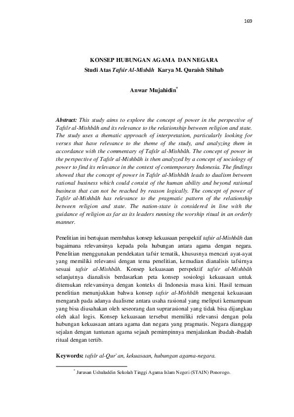 (PDF) KONSEP HUBUNGAN AGAMA DAN NEGARA Studi Atas Tafsir Al-Misbâh ...