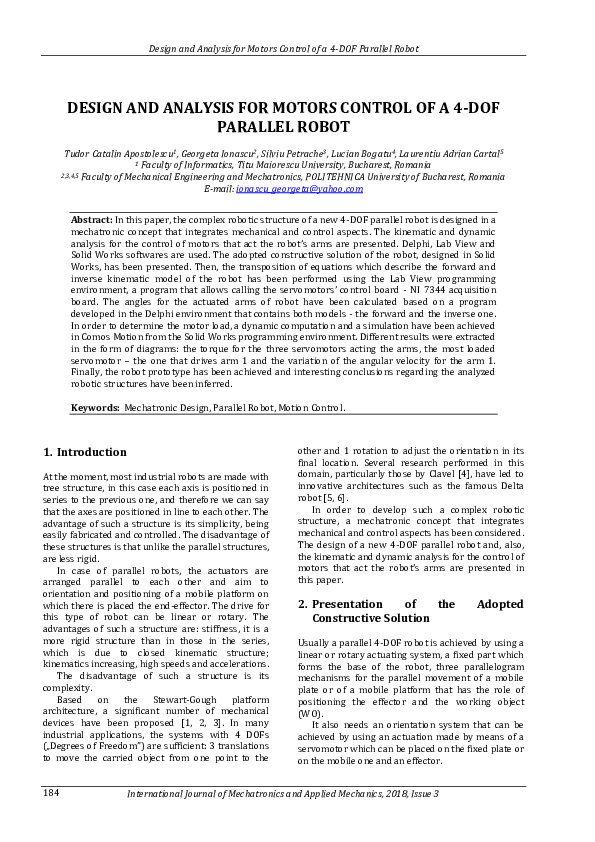 (PDF) Design and Analysis for Motors Control of a 4-DOF Parallel Robot