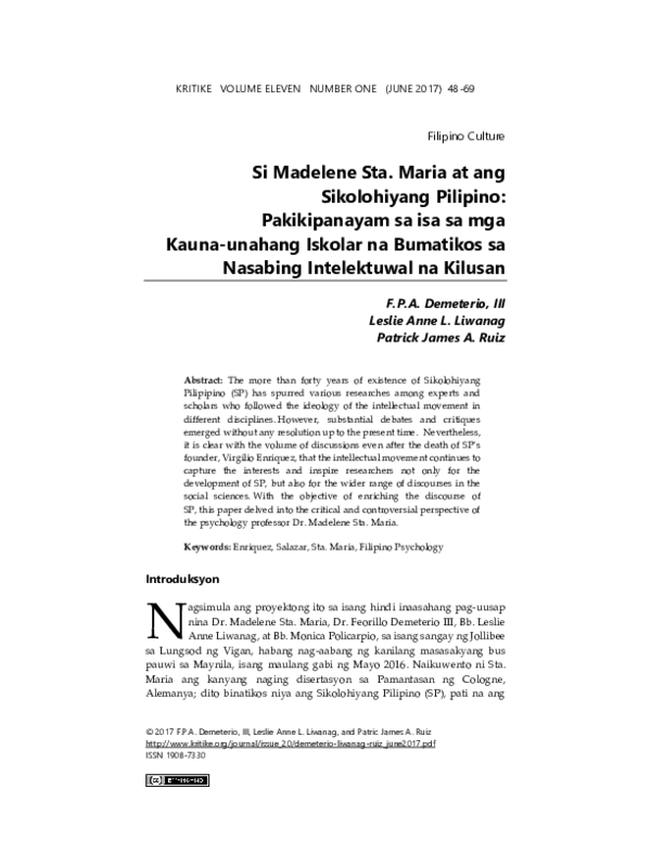 (PDF) Si Madelene Sta. Maria at ang Sikolohiyang Pilipino ...