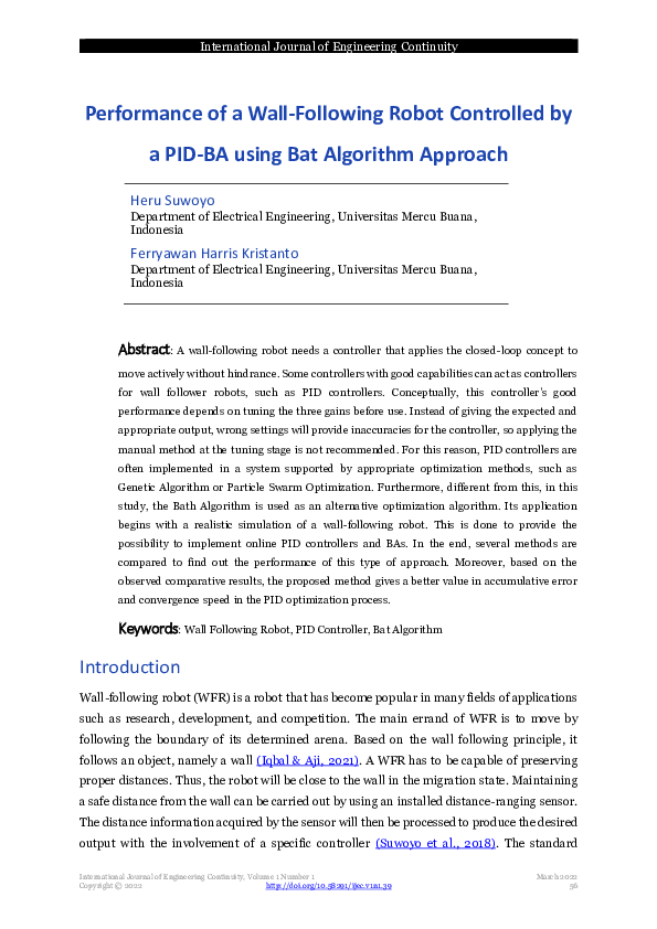 (PDF) Performance of a Wall-Following Robot Controlled by a PID-BA using Bat Algorithm Approach