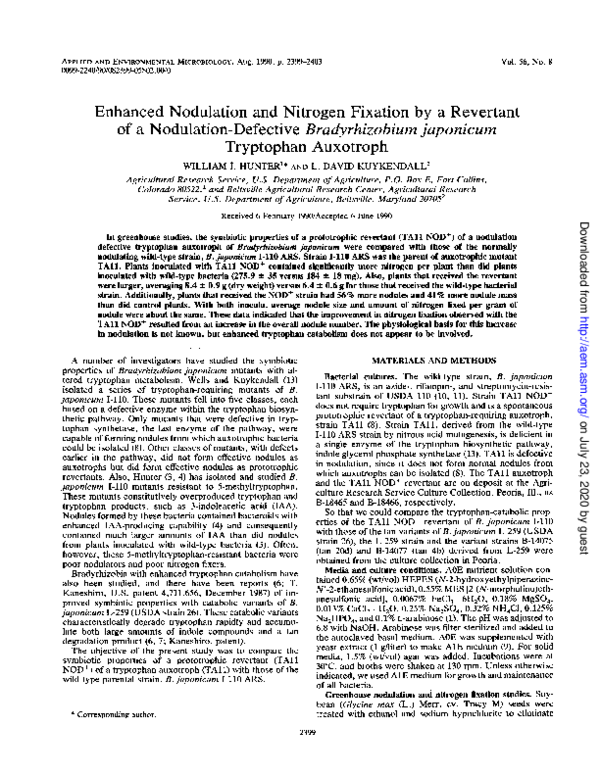 (PDF) Enhanced Nodulation and Nitrogen Fixation by a Revertant of a ...