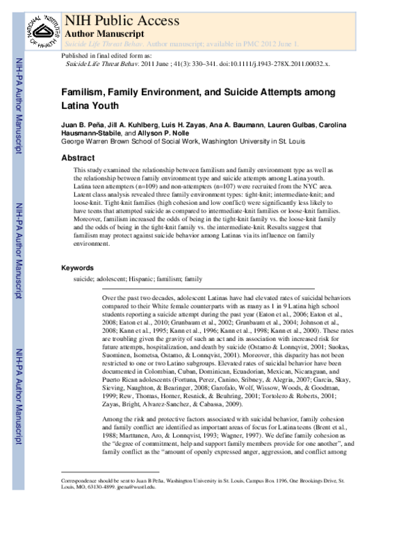 (PDF) Familism, Family Environment, and Suicide Attempts among Latina Youth