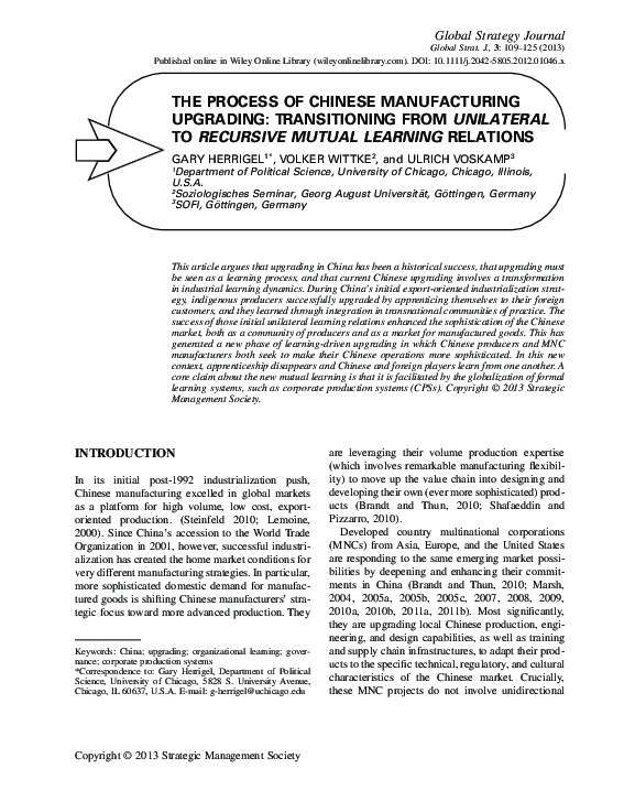 (PDF) The Process of Chinese Manufacturing Upgrading: Transitioning ...