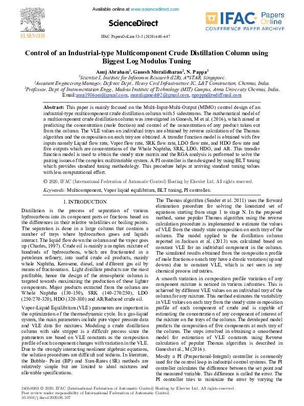 (PDF) Control of an Industrial-type Multicomponent Crude Distillation ...