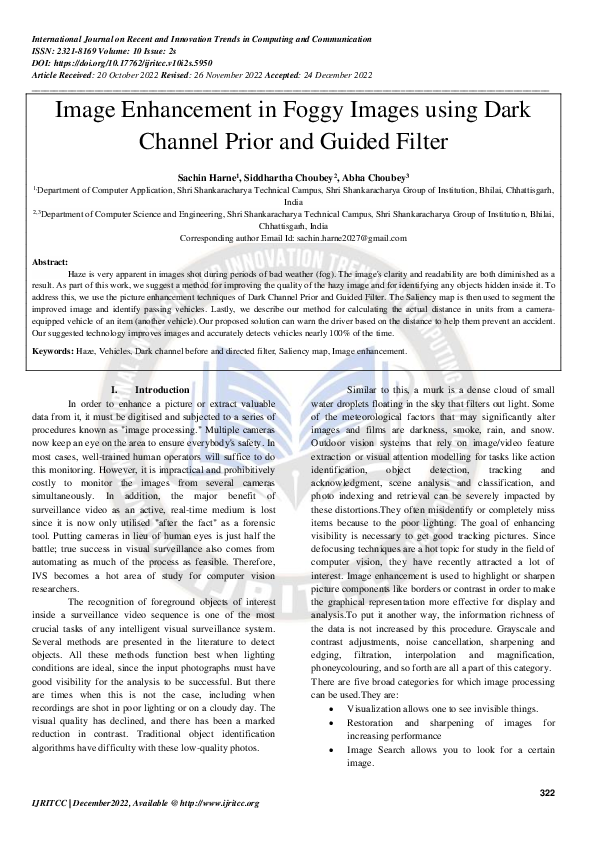 (PDF) Image Enhancement in Foggy Images using Dark Channel Prior and ...
