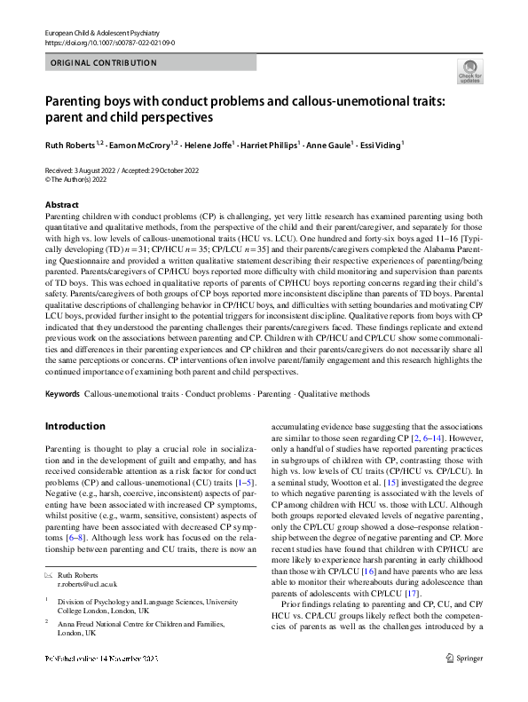 (PDF) Parenting boys with conduct problems and callous-unemotional traits: parent and child ...