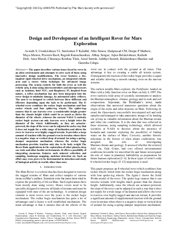 (PDF) Design and Development of an Intelligent Rover for Mars Exploration